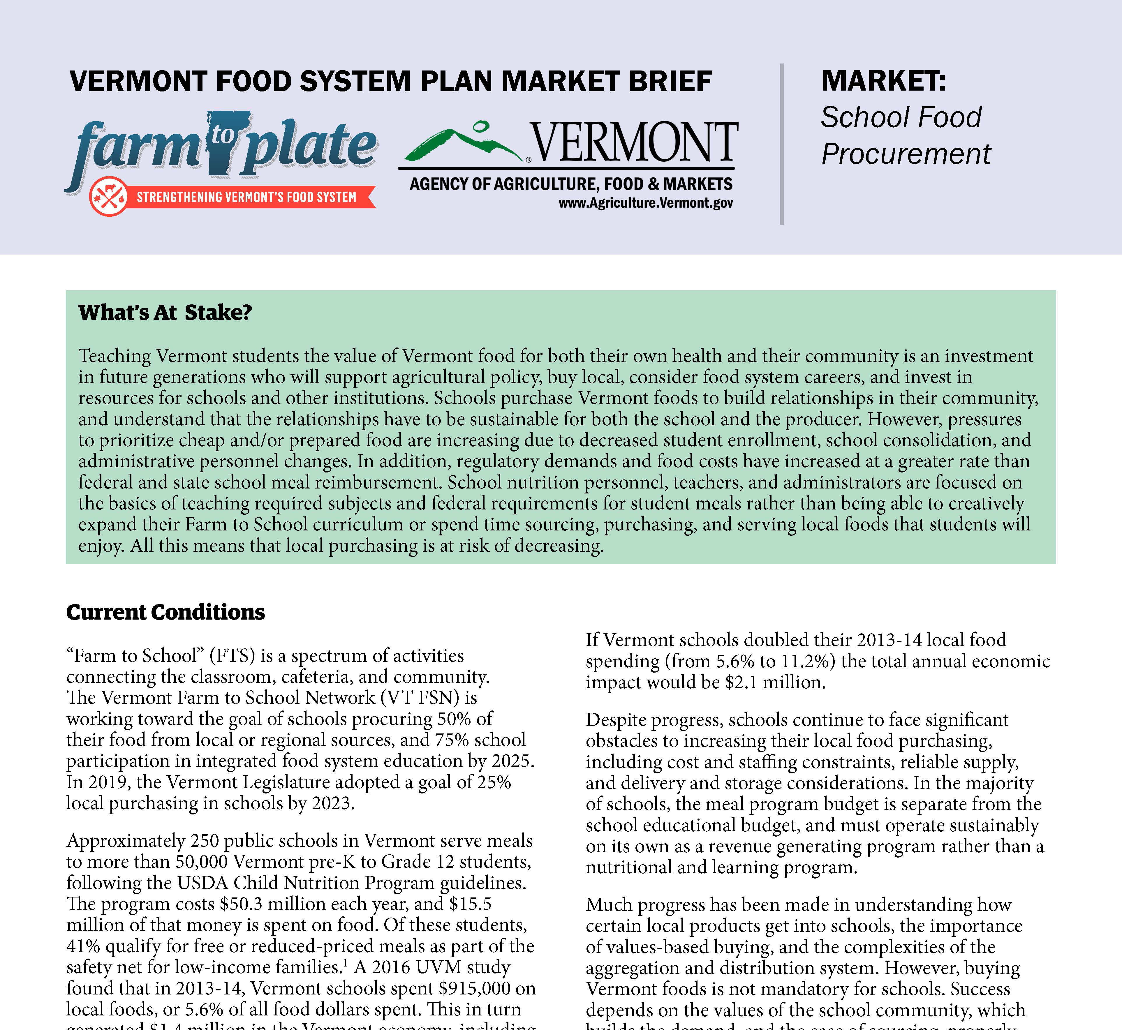 MARKET: School Food Procurement | VT Farm to Plate